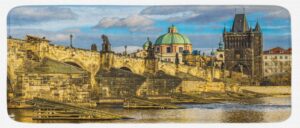 ambesonne landscape kitchen mat, prague charles bridge castle european famous touristic place landmark cityscape, plush decorative kitchen mat with non slip backing, 47" x 19", multicolor