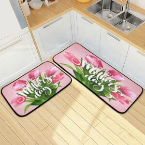 alaza happy mother's day pink tulip flower floral 2 piece kitchen rug floor mat set runner rugs non-slip for kitchen laundry office 20" x 28" + 20" x 48"