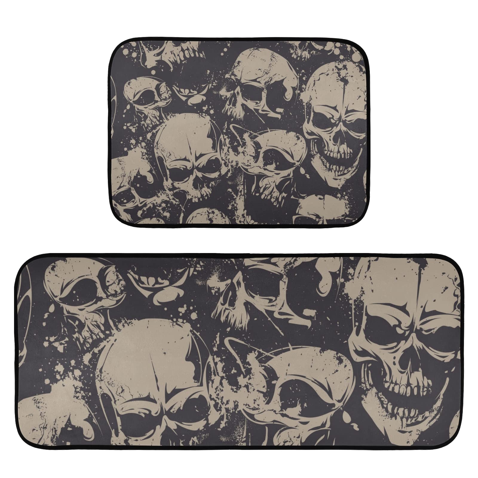 J JOYSAY Skulls Kitchen Rugs and Mat 2 Pieces Set Cushioned Anti Fatigue Kitchen Mat Non Slip Floor Rug Washable Farmhouse Decor for Home Kitchen Hallway Bedroom