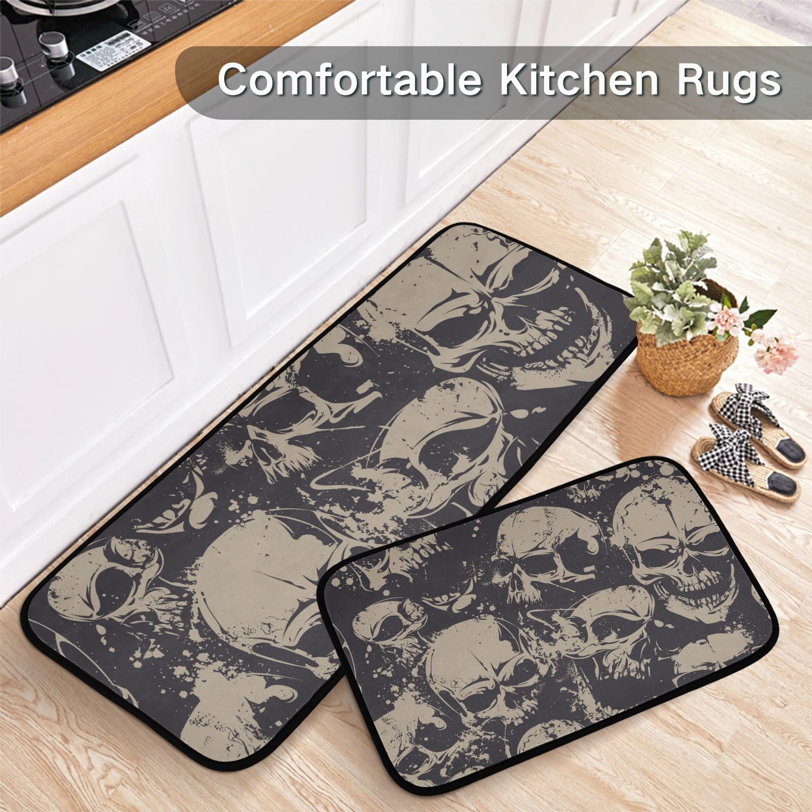 J JOYSAY Skulls Kitchen Rugs and Mat 2 Pieces Set Cushioned Anti Fatigue Kitchen Mat Non Slip Floor Rug Washable Farmhouse Decor for Home Kitchen Hallway Bedroom