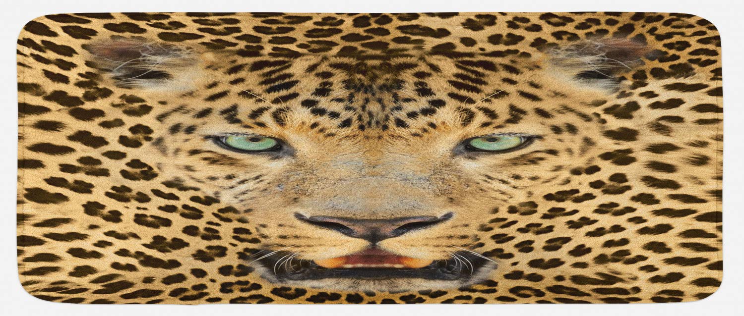 Ambesonne Leopard Kitchen Mat, Predator Animal with Spotty Skin and Angry Expression Wild Fauna, Plush Decorative Kitchen Mat with Non Slip Backing, 47" X 19", Yellow Brown