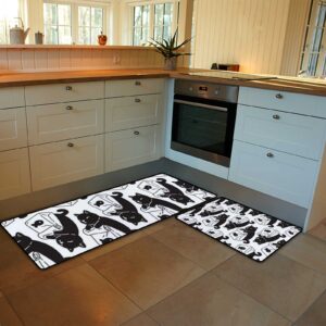 Kitchen Rug Sets 2 Piece Anti Fatigue Kitchen Mat Funny Cute Cat Kitten Black White Floor Runner Carpet Dining Room Washable Non Slip Home Sink Laundry Farmhouse Doormat 17"x58" +17"x29"