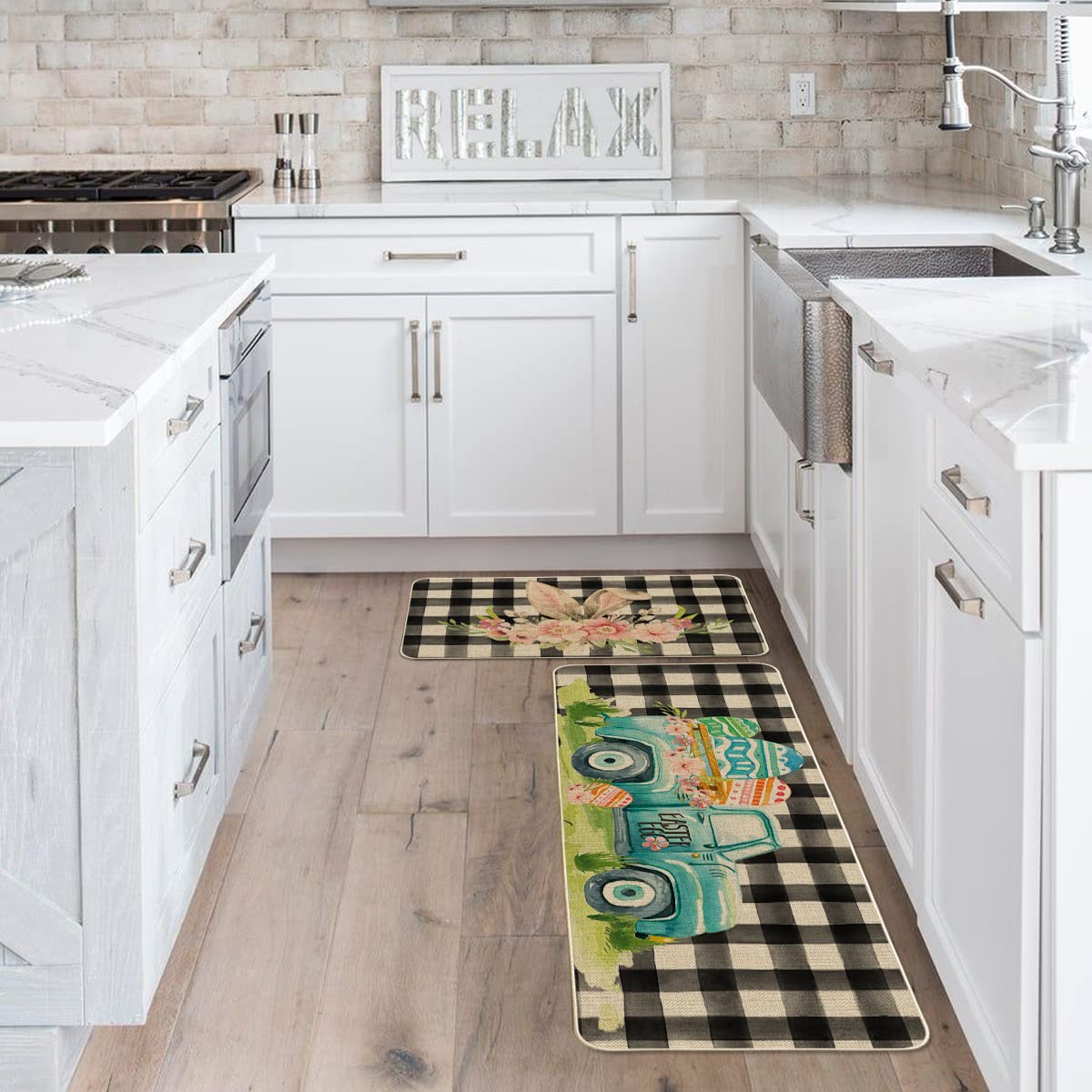 Artoid Mode Truck Eggs Bunny Rabbit Ears Easter Kitchen Mats Set of 2, Spring Home Decor Low-Profile Kitchen Rugs for Floor - 17x29 and 17x47 Inch