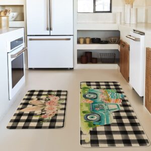 Artoid Mode Truck Eggs Bunny Rabbit Ears Easter Kitchen Mats Set of 2, Spring Home Decor Low-Profile Kitchen Rugs for Floor - 17x29 and 17x47 Inch