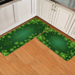 st. patrick's day shamrocks kitchen mats sets 2 piece, lucky shamrocks clover green wood grain kitchen rug non-slip washable runner carpets for patrick's day decorations, 15.7" x 23.6" + 15.7" x 47.2"