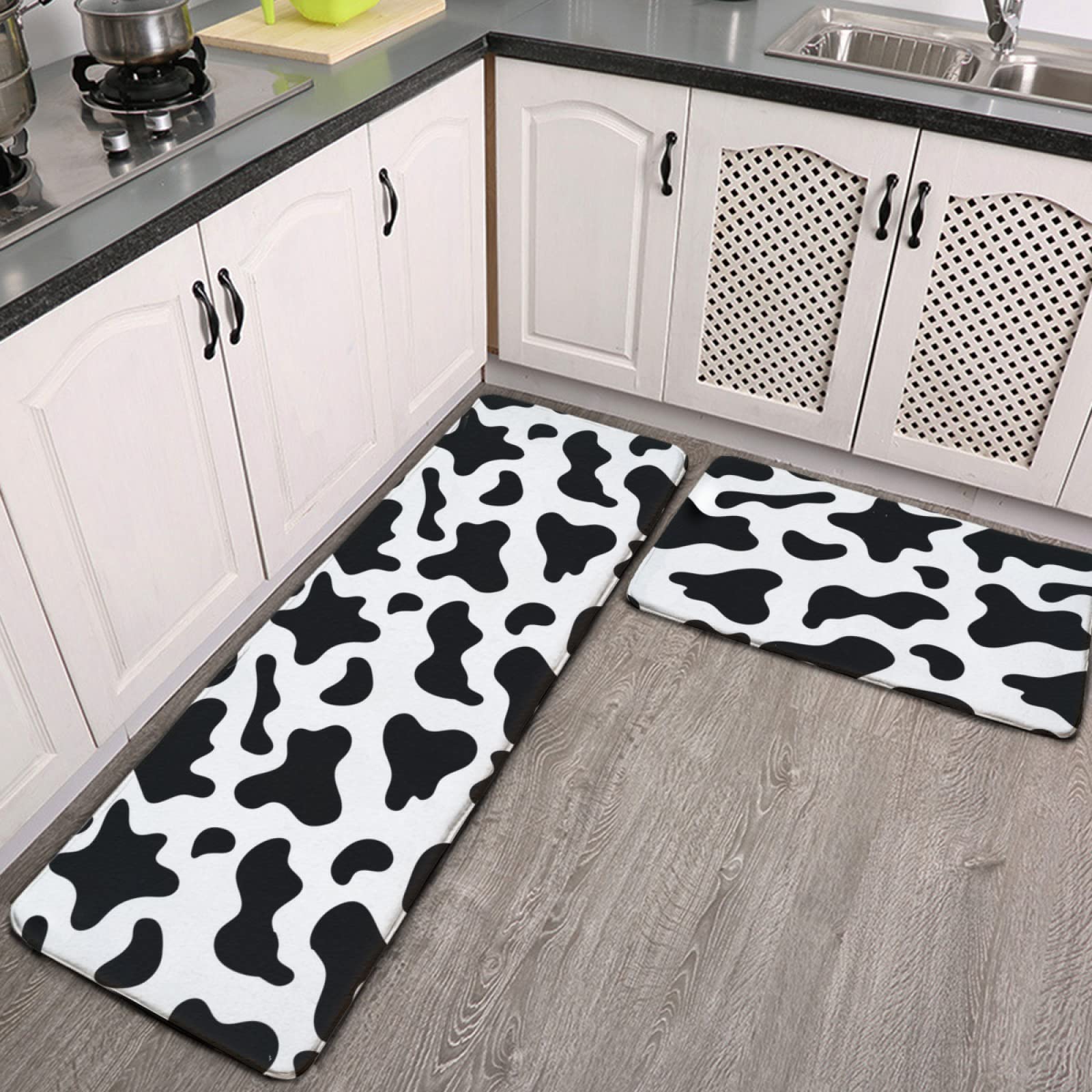 YouTary Cowhide Milk Cow Print Kitchen Rug Set 2 PCS Floor Mats Washable Non-Slip Soft Flannel Runner Rug Doormat Carpet for Floor Home Bathroom, 17" x 47"+17" x 24"-M