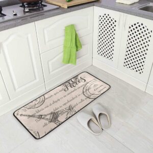 paris eiffel tower vintage kitchen rugs indoor outdoor non slip kitchen floor mats for home 39" x 20" comfort, polyester fabric