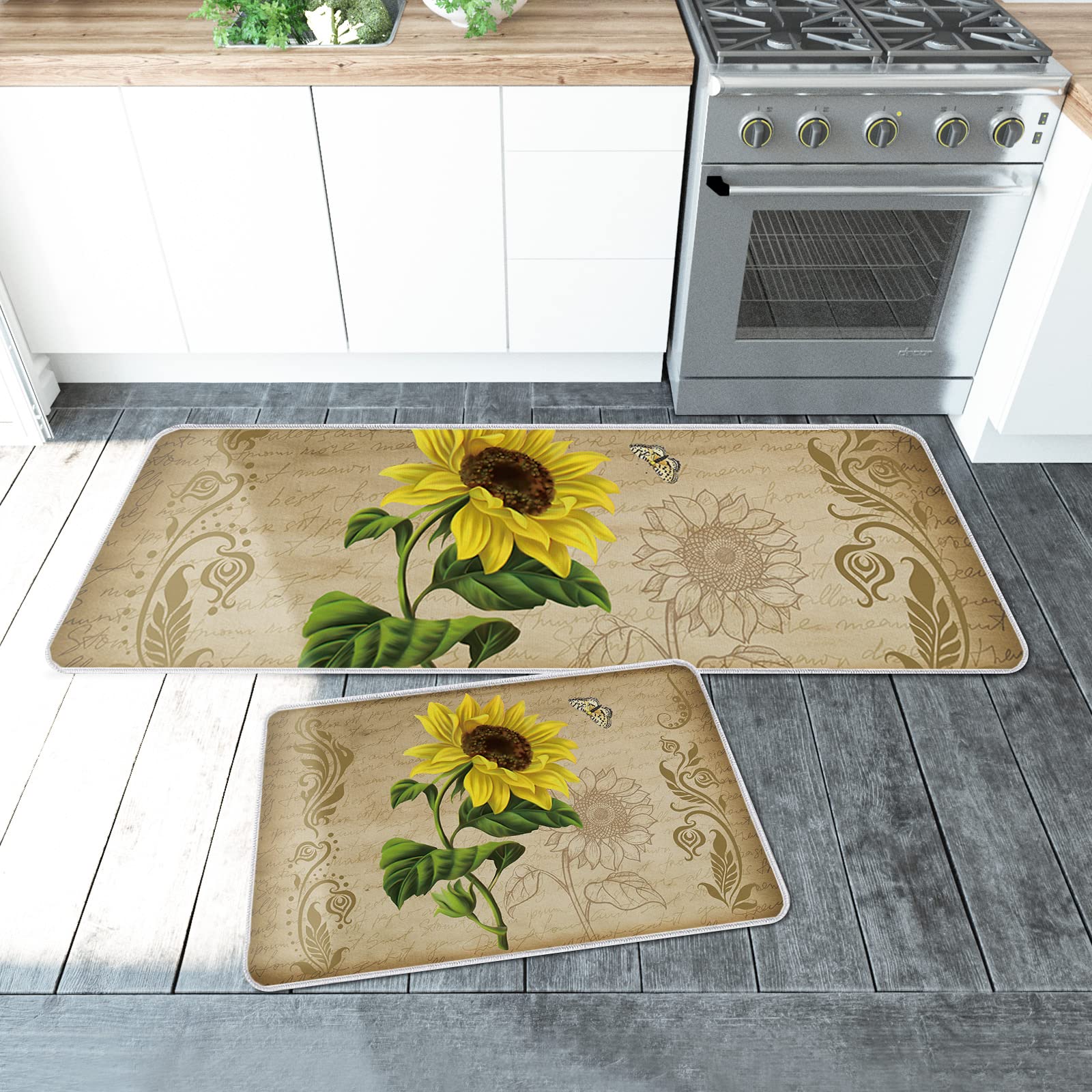 LooPoP Kitchen Rugs and Mats Non Skid Washable Sets Sunflower Anti Fatigue 2 Piece Set Non Skid Waterproof Standing Rugs Spring Flowers Farmhouse