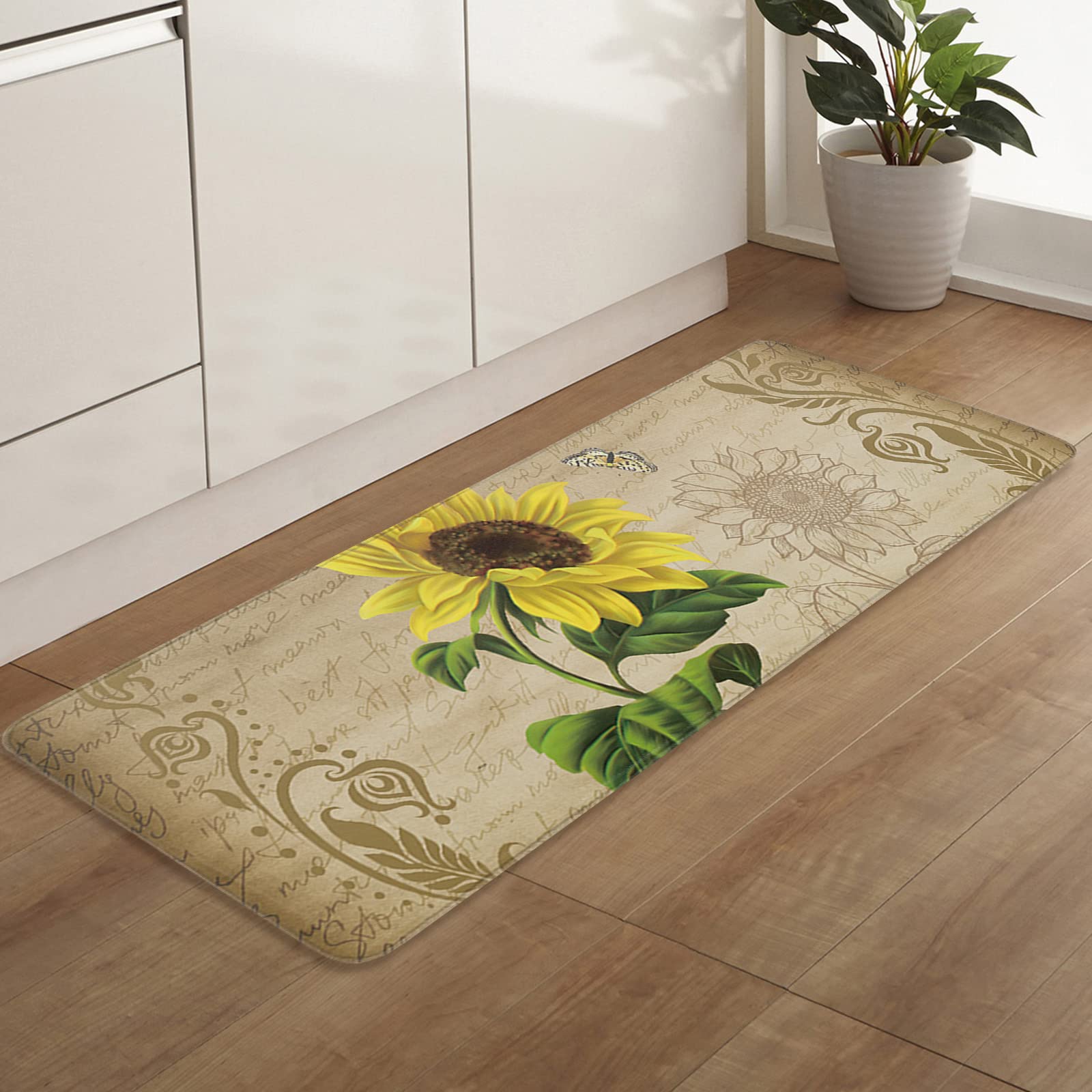 LooPoP Kitchen Rugs and Mats Non Skid Washable Sets Sunflower Anti Fatigue 2 Piece Set Non Skid Waterproof Standing Rugs Spring Flowers Farmhouse