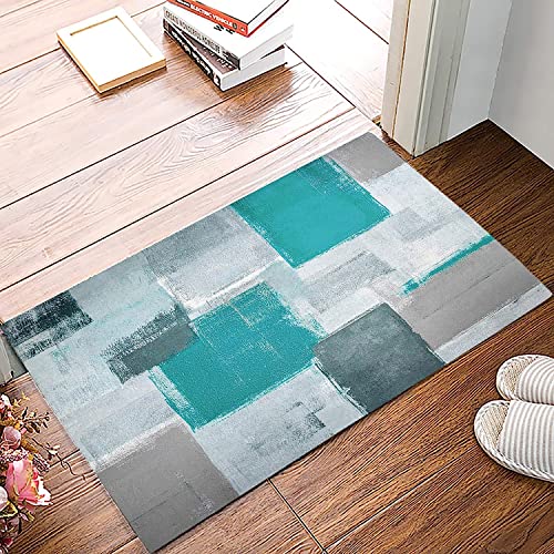 Welcome Rectangular Door Mat Turquoise Teal and Grey Art Artwork Modern Entrance Way Rugs Doormats Soft Non-Slip Washable Bath Rugs Floor Mats for Home Bathroom Kitchen 16x24 Inch