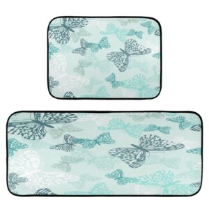 kigai kitchen rugs 2 piece waterproof non slip kitchen mat butterfly teal kitchen rug set for sink office kitchen cafe, 19.7"x47.2"+19.7"x27.6"