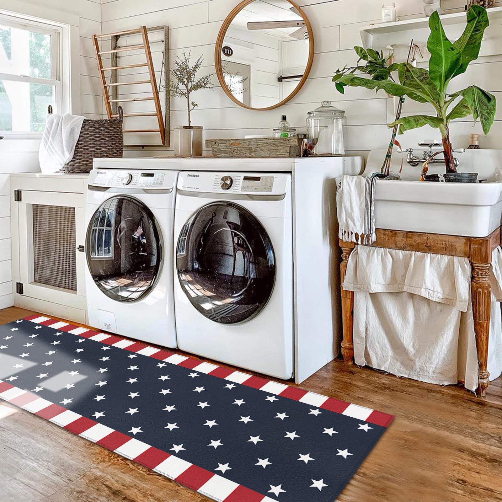 LooPoP Independence Day 4th of July Kitchen Mats for Floor Cushioned Anti Fatigue 2 Piece Set Kitchen Runner Rugs Non Skid Washable American Flag Red White and Blue