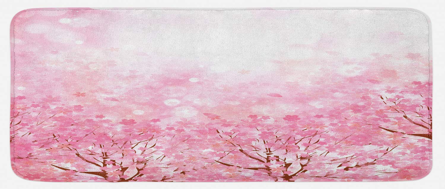 Ambesonne Pale Pink Kitchen Mat, Japanese Cherry Blossom Sakura Tree with Romantic Influence Nature Theme, Plush Decorative Kitchen Mat with Non Slip Backing, 47" X 19", Baby Pink