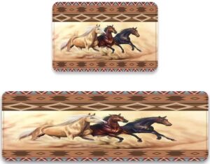 dinjuna running horse kitchen rug set 2 pieces horses herd run in desert sand storm floor mats american doormat anti fatigue non-slip chef sink runner rugs bedroom area carpet, 17.7'' x 47.2''