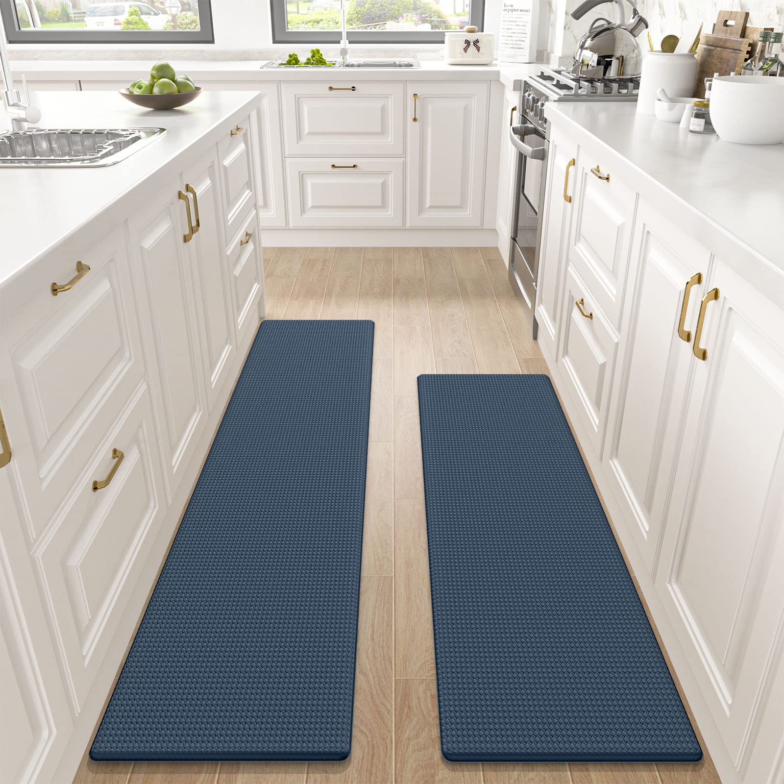 DEXI Kitchen Rug Runner Mat Anti Fatigue Non Skid Cushioned Comfort Standing Kitchen Mats 2 Pieces Set Waterproof and Oil Proof Floor, Easy to Clean, 17"x59"+17"x79", Blue