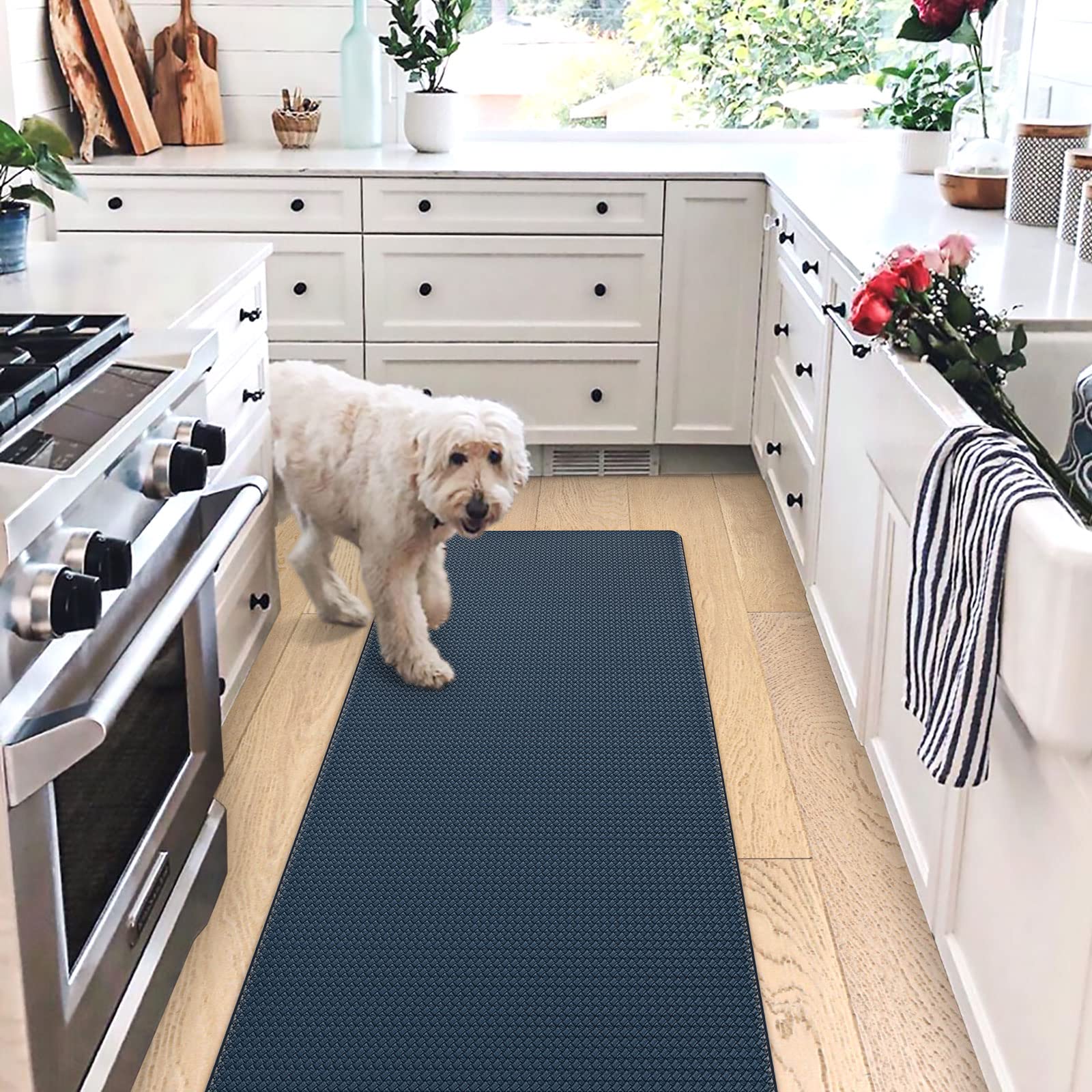 DEXI Kitchen Rug Runner Mat Anti Fatigue Non Skid Cushioned Comfort Standing Kitchen Mats 2 Pieces Set Waterproof and Oil Proof Floor, Easy to Clean, 17"x59"+17"x79", Blue