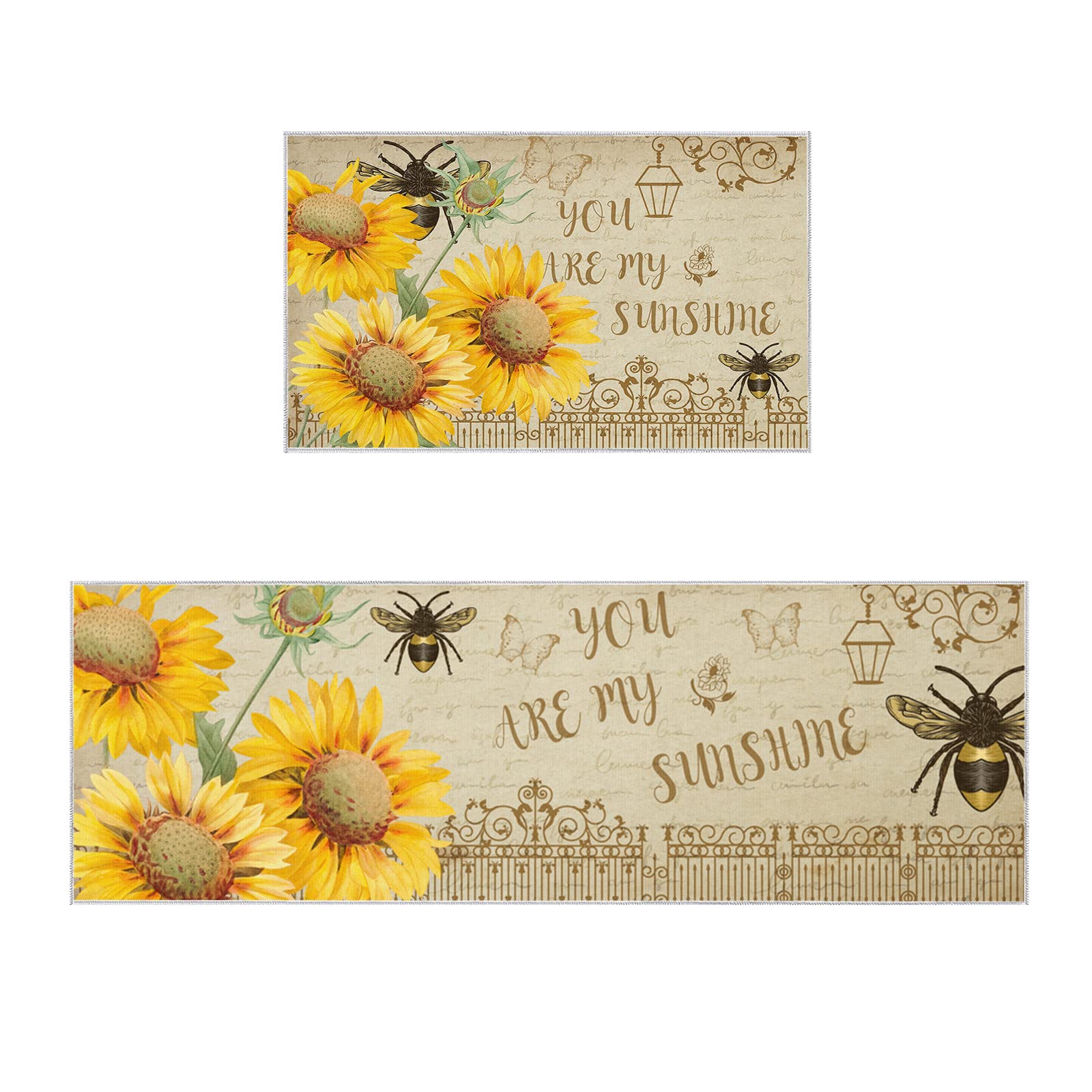 Sunflowers Kitchen Mats for Floor Cushioned Anti Fatigue 2 Piece Set Kitchen Runner Rugs Non Skid Washable Wood Bee Country Theme