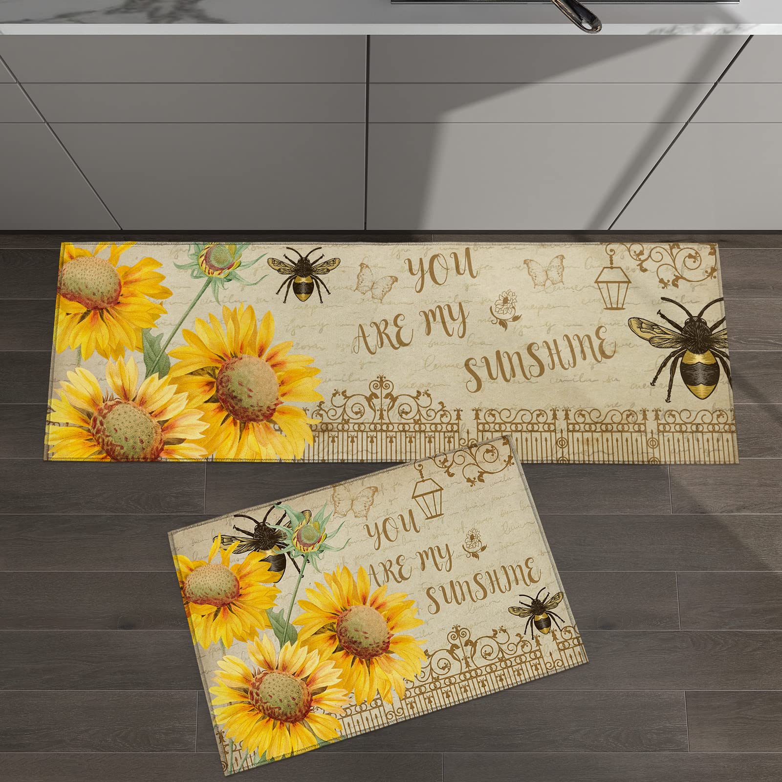 Sunflowers Kitchen Mats for Floor Cushioned Anti Fatigue 2 Piece Set Kitchen Runner Rugs Non Skid Washable Wood Bee Country Theme