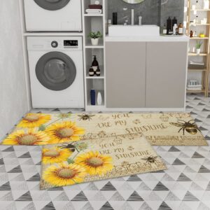 Sunflowers Kitchen Mats for Floor Cushioned Anti Fatigue 2 Piece Set Kitchen Runner Rugs Non Skid Washable Wood Bee Country Theme