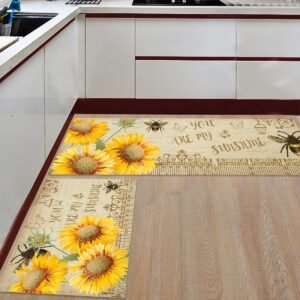 Sunflowers Kitchen Mats for Floor Cushioned Anti Fatigue 2 Piece Set Kitchen Runner Rugs Non Skid Washable Wood Bee Country Theme