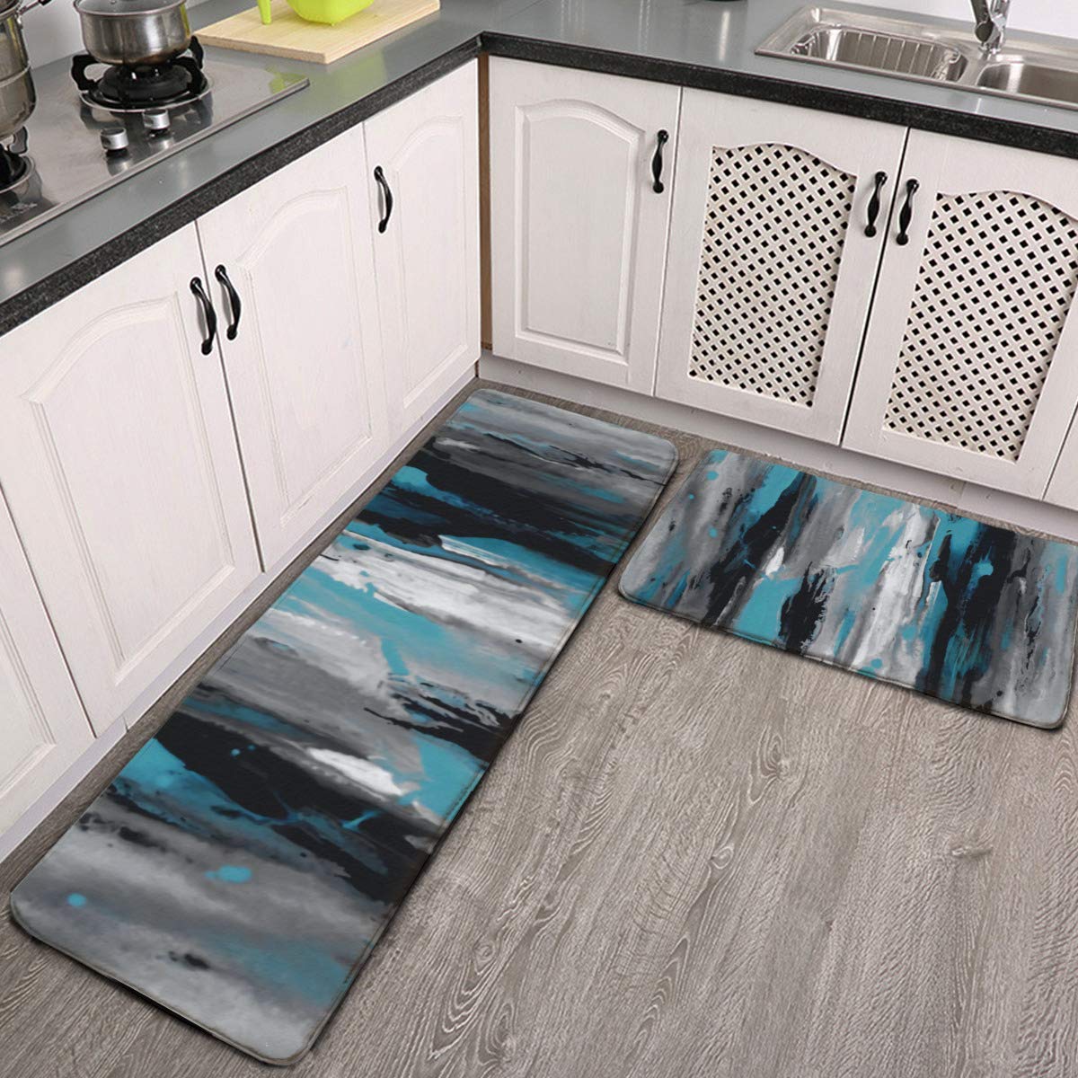 QIAOQIAO 2 Pcs Kitchen Rug Set, Teal Gray Black and White Abstract Non-Slip Kitchen Mats and Rugs Soft Flannel Non-Slip Area Runner Rugs Washable Durable Doormat Carpet