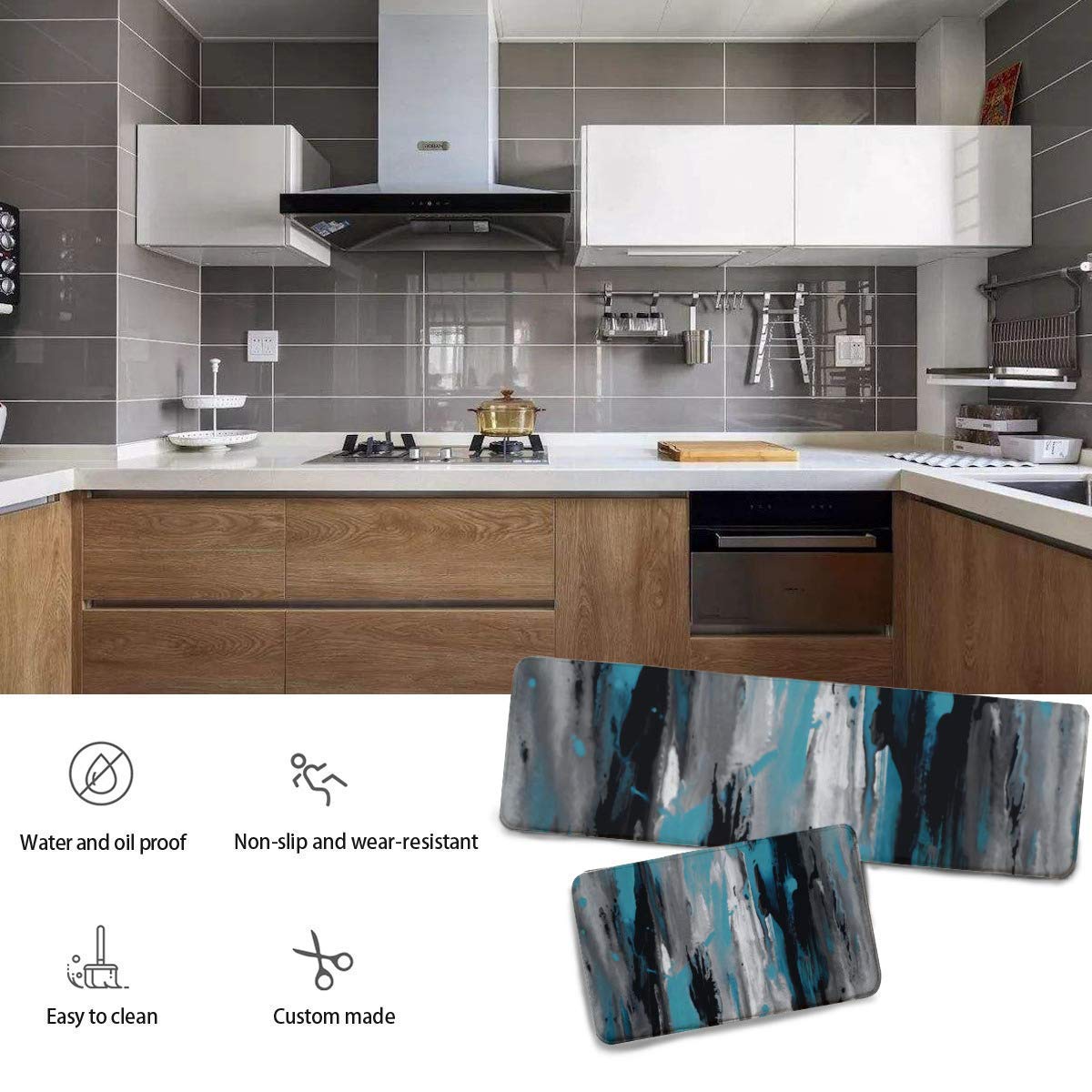 QIAOQIAO 2 Pcs Kitchen Rug Set, Teal Gray Black and White Abstract Non-Slip Kitchen Mats and Rugs Soft Flannel Non-Slip Area Runner Rugs Washable Durable Doormat Carpet