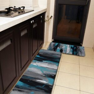 QIAOQIAO 2 Pcs Kitchen Rug Set, Teal Gray Black and White Abstract Non-Slip Kitchen Mats and Rugs Soft Flannel Non-Slip Area Runner Rugs Washable Durable Doormat Carpet