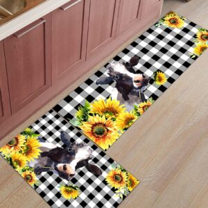 Beauty Decor 2 Piece Kitchen Mats Cushioned Kitchen Rug Farm Cow and Sunflower Black and White Buffalo Plaid Non Slip Thick Floor Comfort Mat Sets with Runner