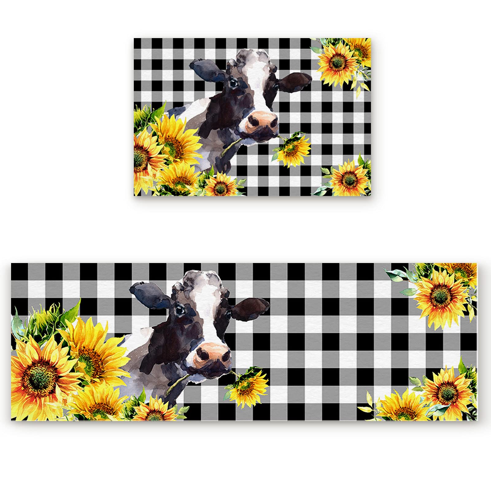 Beauty Decor 2 Piece Kitchen Mats Cushioned Kitchen Rug Farm Cow and Sunflower Black and White Buffalo Plaid Non Slip Thick Floor Comfort Mat Sets with Runner