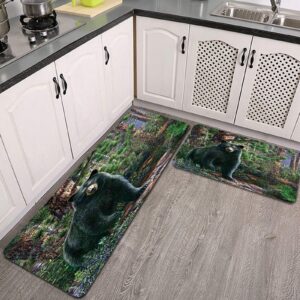 2 pieces country bear non-slip kitchen rug set,wildlife bear in the jungle woodland rocky mountain water absorb microfiber bathroom mat checkered doormat carpet for laundry