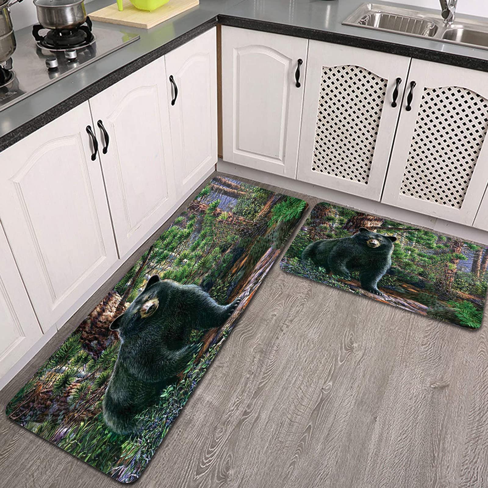 2 Pieces Country Bear Non-Slip Kitchen Rug Set,Wildlife Bear in The Jungle Woodland Rocky Mountain Water Absorb Microfiber Bathroom Mat Checkered Doormat Carpet for Laundry