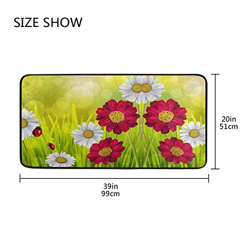 White and Red Daisy Floral Kitchen RugsCute Ladybugs Kitchen Mat Vibrant Cushioned Chef Soft Non-Slip Floor Mats Washable Doormat Bathroom Runner Area Rug Carpet