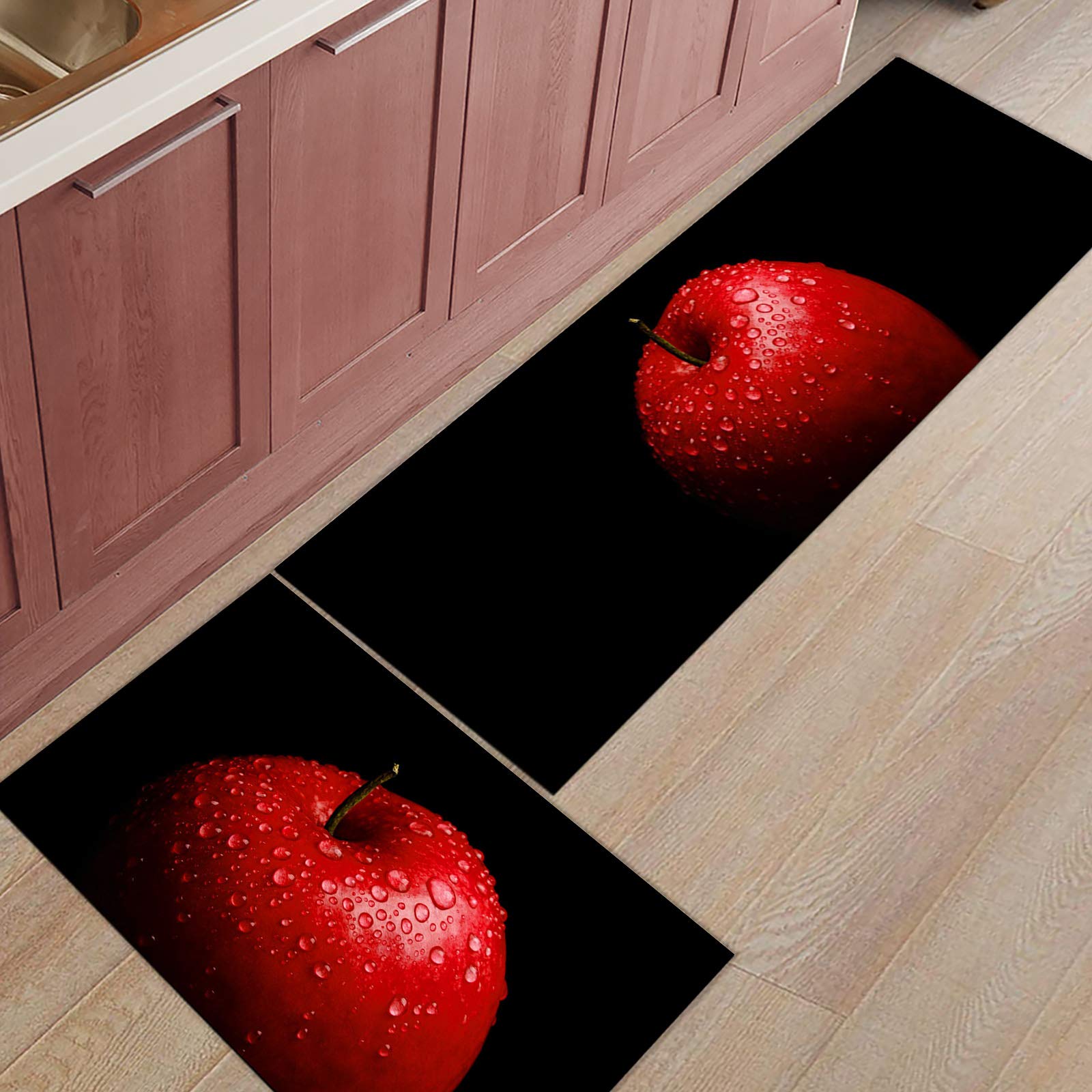 Victories Kitchen Area Rug Pad Set 2 Piece-Non Slip Comfort Cushioned Doormat,3D Red and Black Fruits Oil Painting Floor Mat Rug Runner Set Kitchen/Living Room/Bedroom Carpet