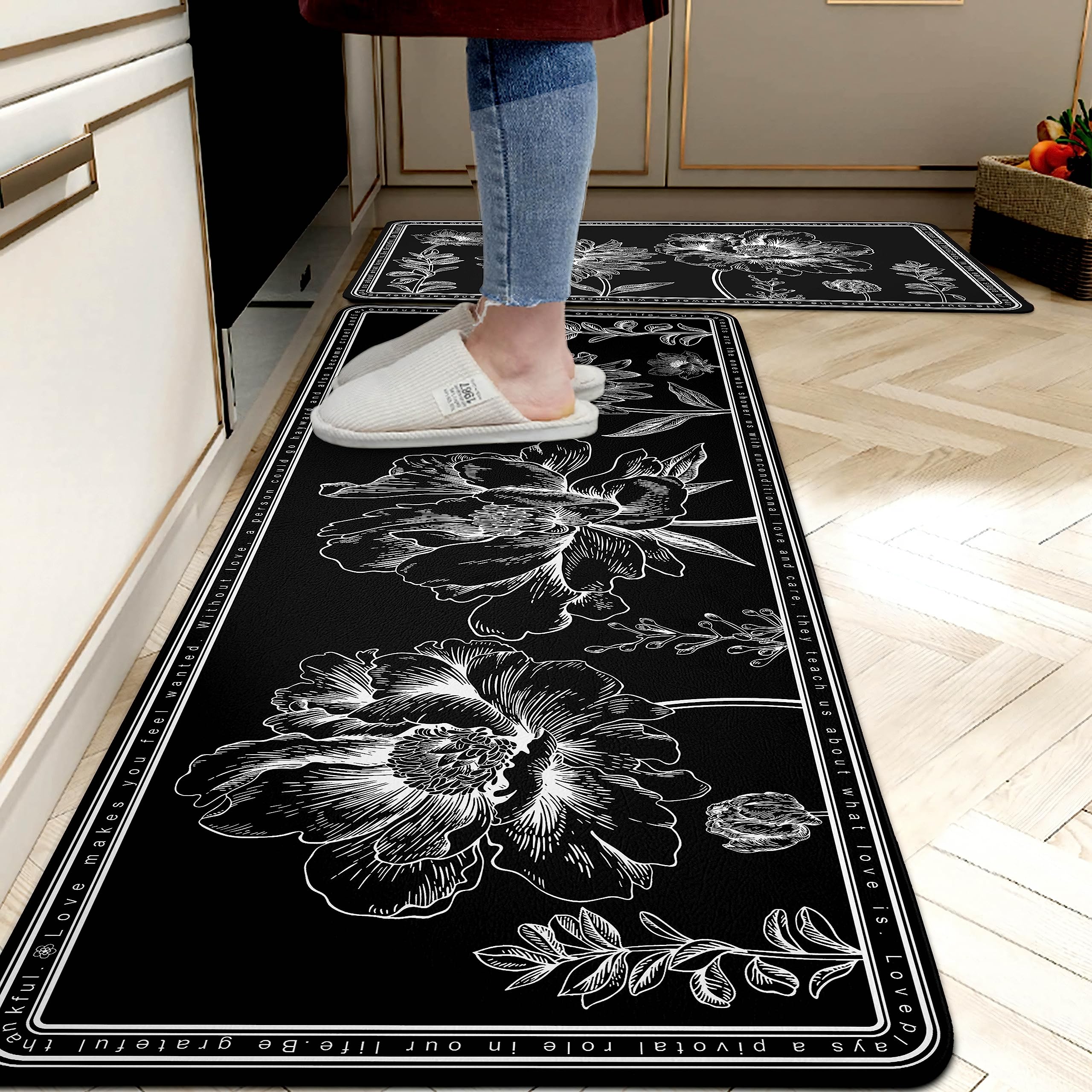 Kitchen Mat [2 PCS] Cushioned Anti-Fatigue Non Slip Waterproof Kitchen Rugs, Comfort Standing Mat for Kitchen, Office, Home, Laundry, 17.3"x28"+17.3"x47", Black and White