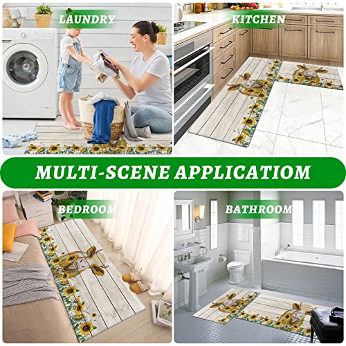 Cow Kitchen Mats for Floor Cushioned Anti Fatigue 2 Piece Set Kitchen Runner Rugs Non Skid Washable Sunflower Farmhouse Animal Watercolor 15.7x23.6+15.7x47.2inch