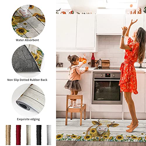 Cow Kitchen Mats for Floor Cushioned Anti Fatigue 2 Piece Set Kitchen Runner Rugs Non Skid Washable Sunflower Farmhouse Animal Watercolor 15.7x23.6+15.7x47.2inch