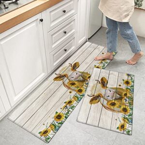 Cow Kitchen Mats for Floor Cushioned Anti Fatigue 2 Piece Set Kitchen Runner Rugs Non Skid Washable Sunflower Farmhouse Animal Watercolor 15.7x23.6+15.7x47.2inch