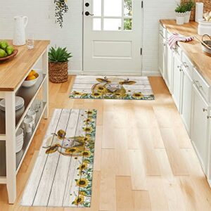 Cow Kitchen Mats for Floor Cushioned Anti Fatigue 2 Piece Set Kitchen Runner Rugs Non Skid Washable Sunflower Farmhouse Animal Watercolor 15.7x23.6+15.7x47.2inch