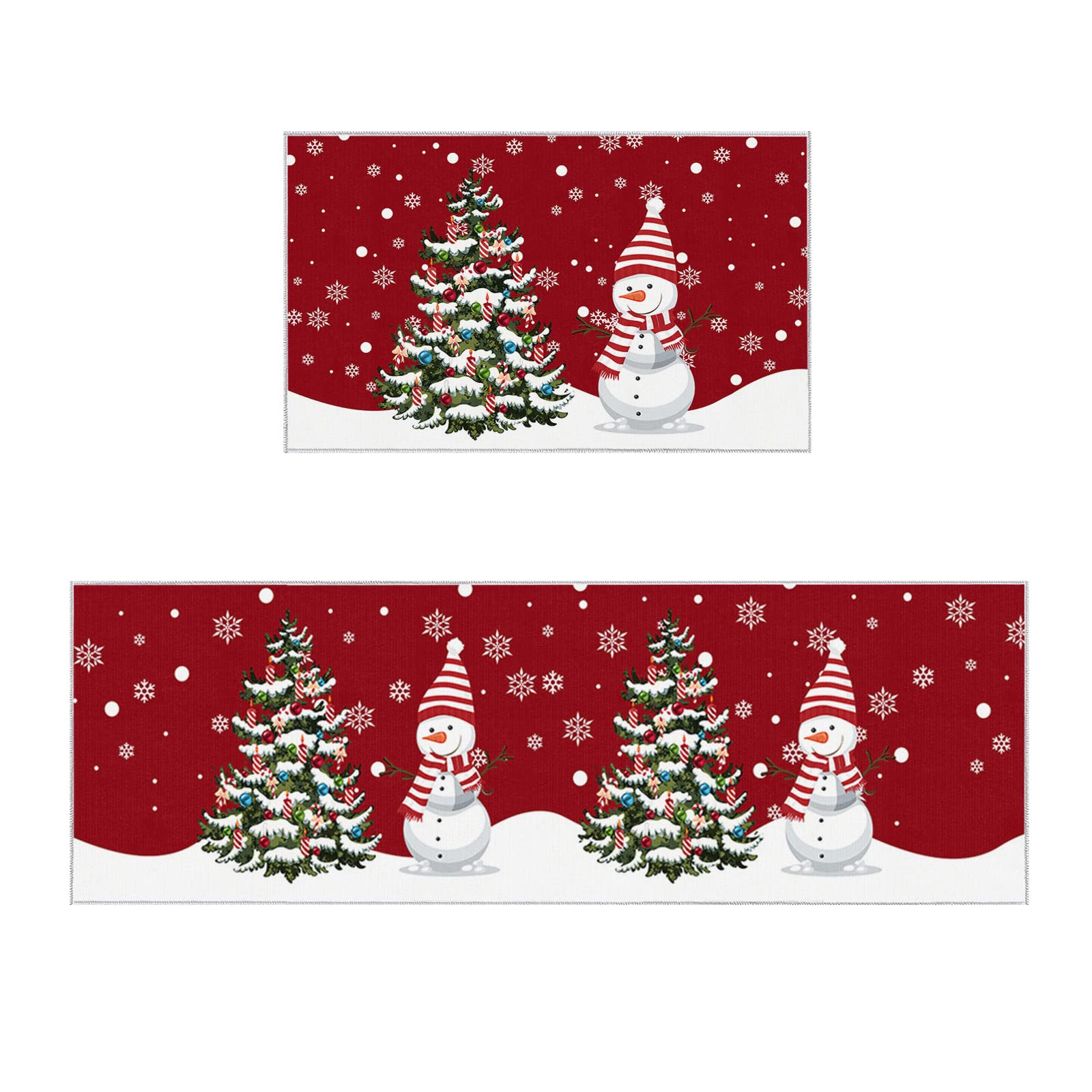 Merry Christmas Kitchen Rugs Sets 2 Piece Floor Mats Winter Snow Xmas Tree Snowman Snowflake Doormat Non-Slip Rubber Backing Area Rugs Washable Carpet Inside Door Mat Pad Sets-16"x 24"+16"x47"