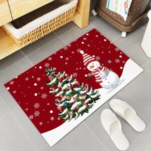 Merry Christmas Kitchen Rugs Sets 2 Piece Floor Mats Winter Snow Xmas Tree Snowman Snowflake Doormat Non-Slip Rubber Backing Area Rugs Washable Carpet Inside Door Mat Pad Sets-16"x 24"+16"x47"