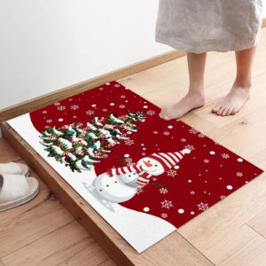 Merry Christmas Kitchen Rugs Sets 2 Piece Floor Mats Winter Snow Xmas Tree Snowman Snowflake Doormat Non-Slip Rubber Backing Area Rugs Washable Carpet Inside Door Mat Pad Sets-16"x 24"+16"x47"