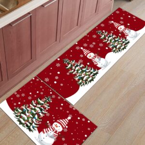 Merry Christmas Kitchen Rugs Sets 2 Piece Floor Mats Winter Snow Xmas Tree Snowman Snowflake Doormat Non-Slip Rubber Backing Area Rugs Washable Carpet Inside Door Mat Pad Sets-16"x 24"+16"x47"