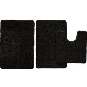 gorilla grip bath rug and area rug set, bath rug size 24 x 17 in, shaggy machine washable mats, area rug set size 22 x 19 x 15 in and 30x20, absorbent washable mats, both in black, 2 item bundle