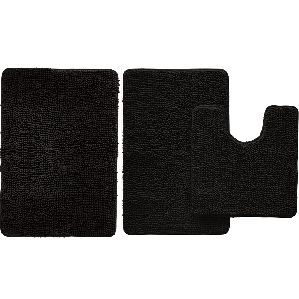 Gorilla Grip Bath Rug and Area Rug Set, Bath Rug Size 24 x 17 in, Shaggy Machine Washable Mats, Area Rug Set Size 22 x 19 x 15 in and 30x20, Absorbent Washable Mats, Both in Black, 2 Item Bundle