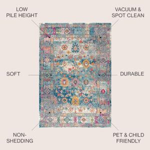 JONATHAN Y BMF103B-5 Bohemian Flair Boho Vintage Medallion Faded Indoor Area-Rug Floral Easy-Cleaning High Traffic Bedroom Kitchen Living Room Non Shedding, 5 ft x 8 ft, Navy/Cream