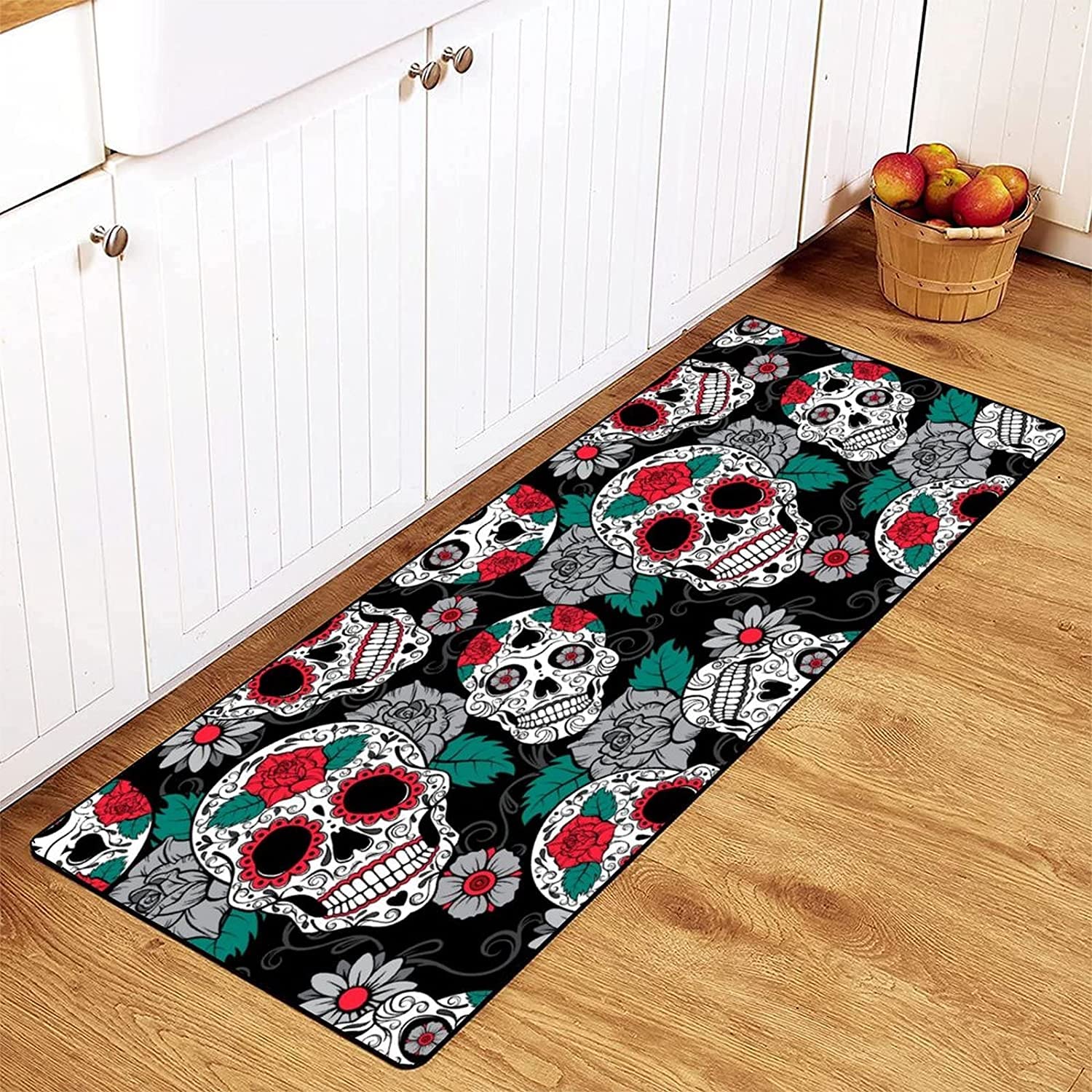 TsyTma Gothic Skull Flower Kitchen Rug Non-Slip Kitchen Mats Day of The Dead Halloween Kitchen Floor Mat Bathroom Rug Area Mat Carpet for Home Decor 39" X 20"