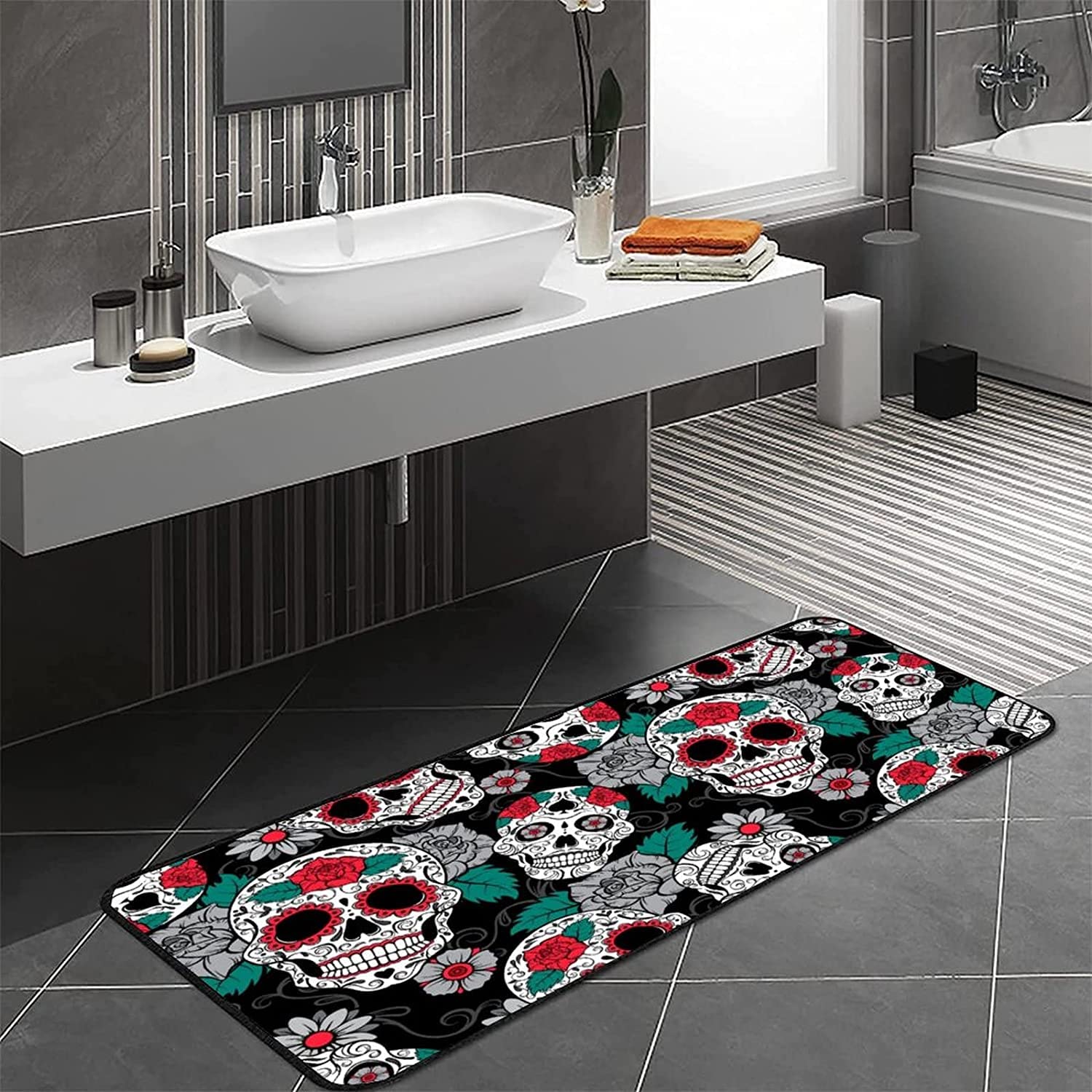 TsyTma Gothic Skull Flower Kitchen Rug Non-Slip Kitchen Mats Day of The Dead Halloween Kitchen Floor Mat Bathroom Rug Area Mat Carpet for Home Decor 39" X 20"