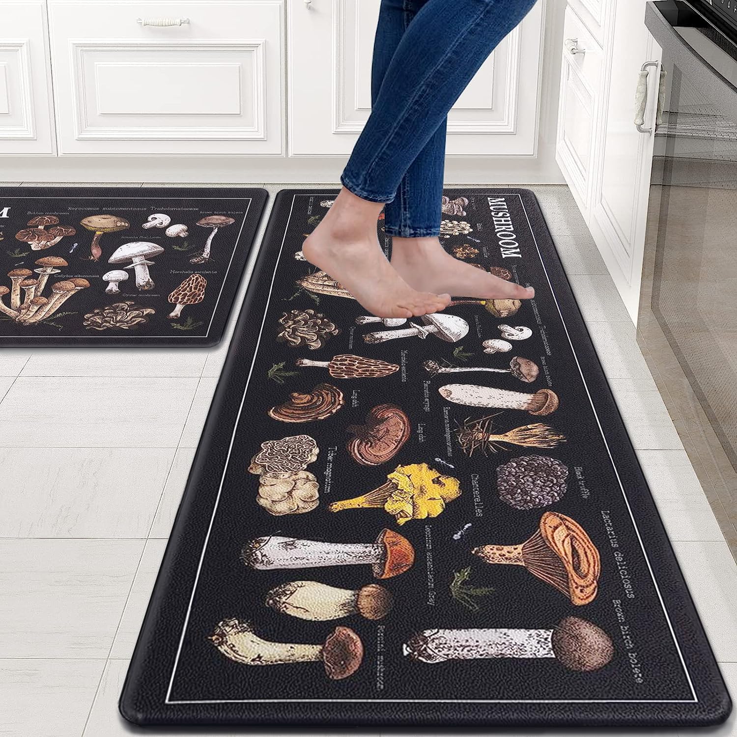 ASPMIZ Mushrooms Kitchen Mat Set Anti Fatigue 2 Piece, Non-Skid Waterproof Kitchen Mats and Rugs Cushioned, Washable Black Kitchen Rug Floor Comfort Mats for Kitchen Home, 48" x 18" + 30" x 18"