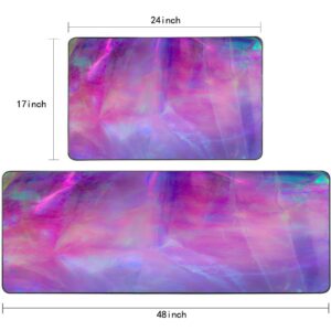 Musesh 2 Pieces Soft Kitchen Rugs,Holographic Background Light Reflection Rainbow Colors Pattern Magical Marbling Iridescent Effect Washable Long Kitchen Mat Set 17"X48"+17"X24" Rugs for Kitchen Floor