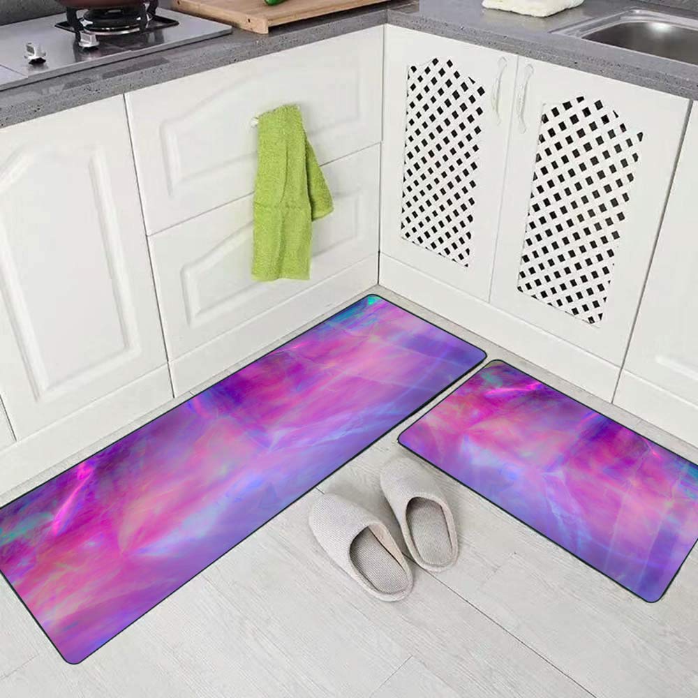 Musesh 2 Pieces Soft Kitchen Rugs,Holographic Background Light Reflection Rainbow Colors Pattern Magical Marbling Iridescent Effect Washable Long Kitchen Mat Set 17"X48"+17"X24" Rugs for Kitchen Floor